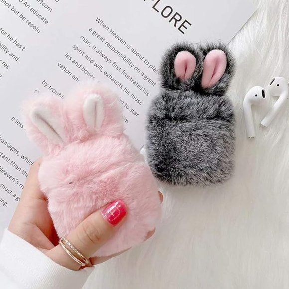 CreativityCafeCo | Headphones | Nwot Cute Plush Pinkgray Fuzzy Bunny ...
